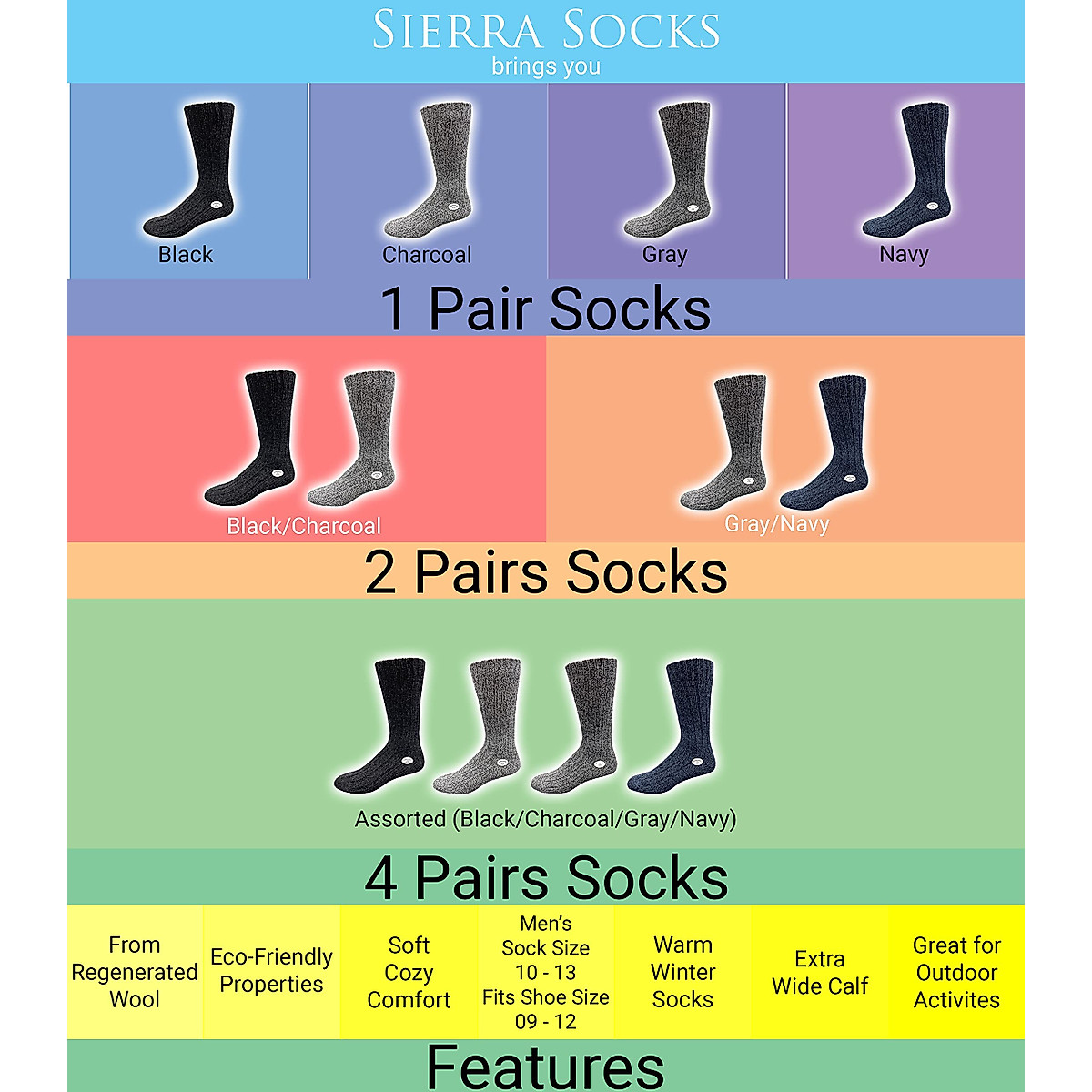 Sierra Socks Thick Hiking Wool Socks, Gift for Father (Charcoal, Large)