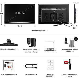 13.3 Inch(2G ram 32G ROM) 5G WiFi OTA 4K Android 10.0 Portable Multifunction Car TV Headrest Monitor Tablet Touch Screen 1080P Headset Bluetooth/HDMI in+Out/FM/Mirror Link Video Player(1PC)