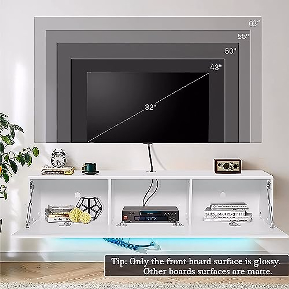 HOMMPA Floating TV Stand with Led Light for 63 Inch TVs Wall Mounted Led Entertainment Center with High Gloss Storage Modern Floor White Mounted Media Console for Living Room