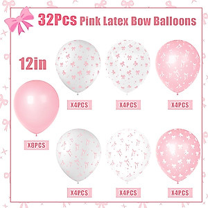 Juome 32 Pcs Pink Bow Balloons Party Decorations - Coquette Bows Birthday Decorations, Bow Theme Decor for Girls Birthday, Bachelorette Decorations, Bridal Engagement Decor, Baby Shower Decoration