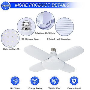 LED Garage Light 60W E26 6000LM Deformable LED Garage Ceiling Lights 6500K Daylight White Garage LED Light with 4 Adjustable LED Panels, LED Garage Lights for Warehouse Workshop Basement Lights