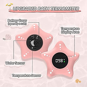 LEDFAAH Baby Bath Thermometer Safety, Auto On & Off Bathtub Thermometer Floating Toy, Digital Bathing Water Temperature Warning Thermometer, Pink Sea Star Shape