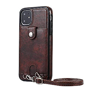 Jaorty PU Leather Wallet Case for iPhone 11 Necklace Lanyard Case Cover with Card Holder Adjustable Detachable Anti-Lost Neck Strap for Apple iPhone 11 6.1",Brown