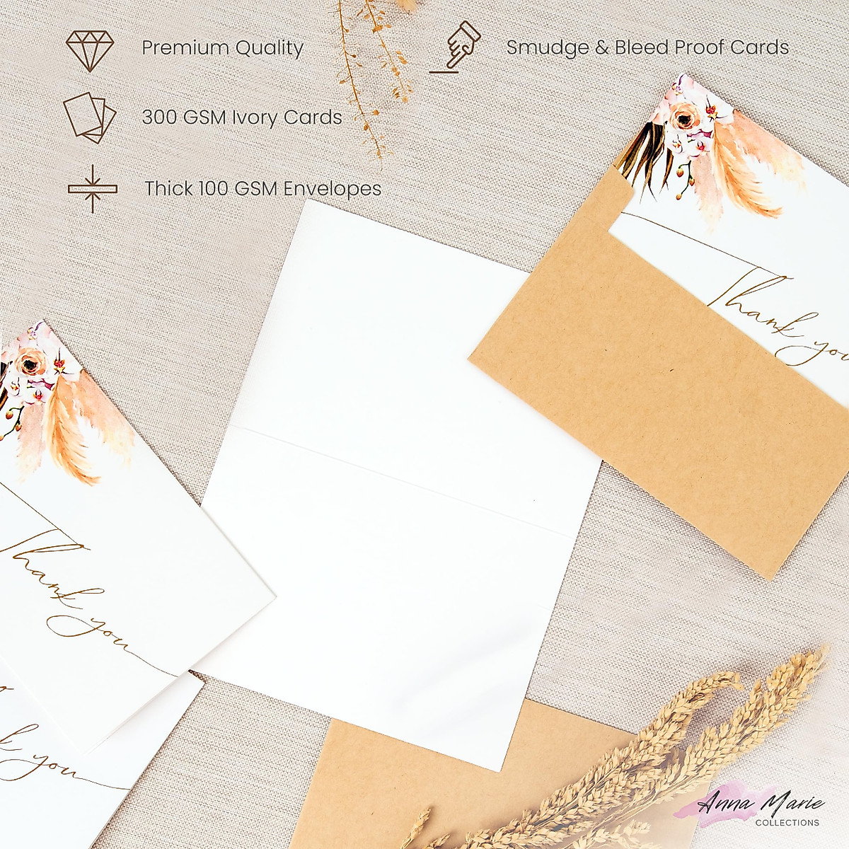 Anna Marie Collections 100 Pack Thank You Cards with Envelopes, Bulk, Boho Floral Design – Bridal Shower, Wedding, Small Business, Baby, Birthday, Graduation – All Occasions, Blank, 4x6