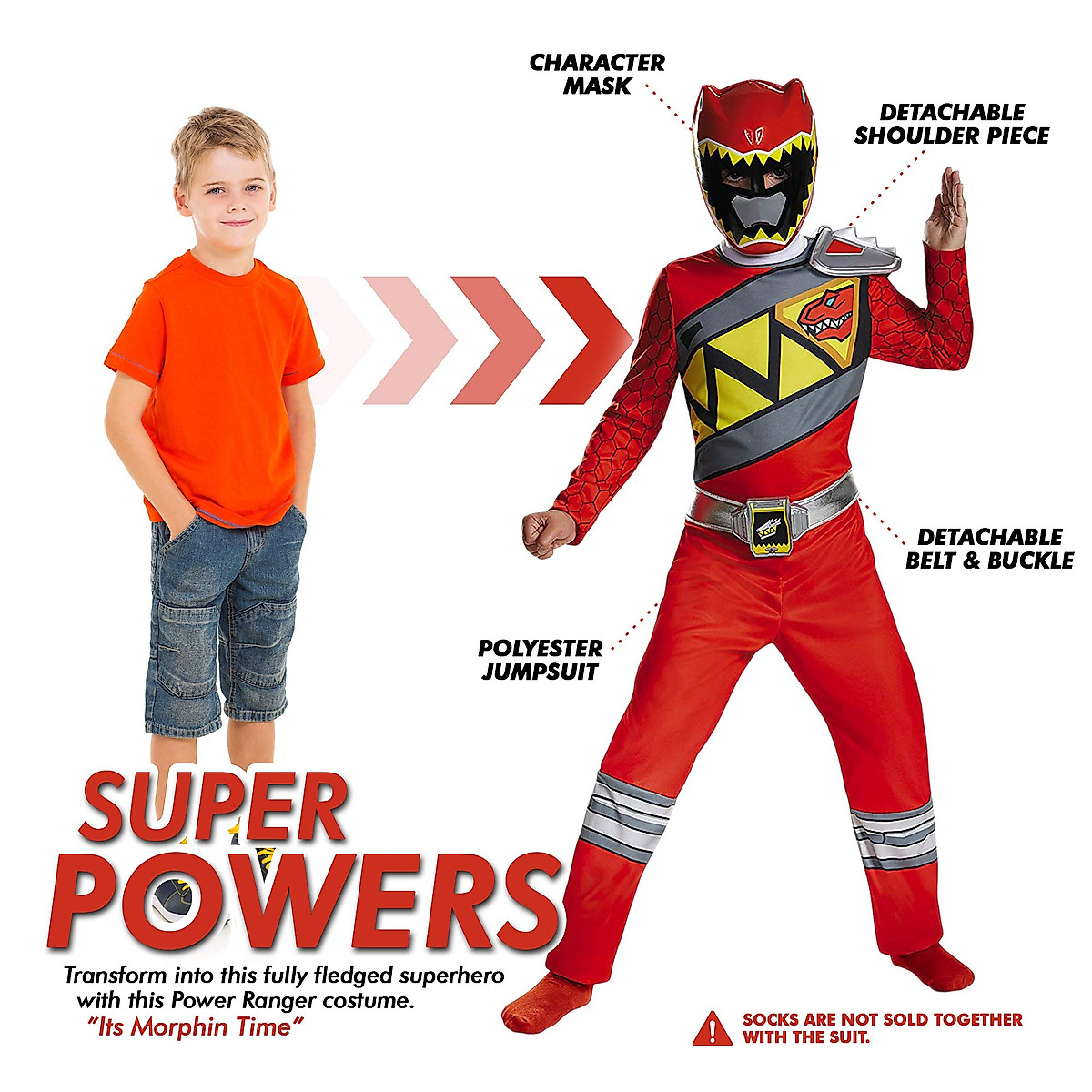 Red Power Rangers Costume for Kids. Official Licensed Red Ranger Dino Charge Classic Power Ranger Suit with Mask for Boys & Girls, Small (4-6)