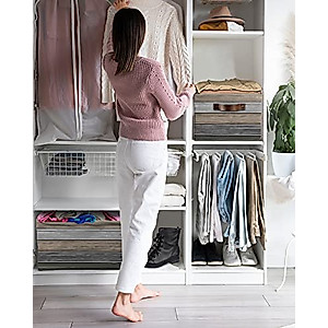 Beige Grey Ombre Storage Bins 1 Pack, Large Waterproof Storage Baskets for Shelves Closet, Brown Farmhouse Retro Wooden Striped Storage Basket Foldable Storage Box Cube Storage Organizer with Handles