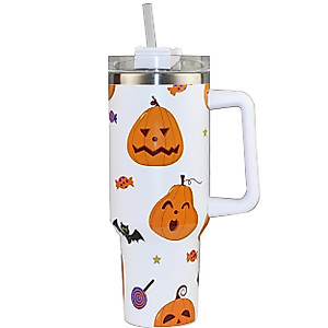 TINVSKQQKJ 40oz Pumpkin Tumbler Double Stainless Steel Insulated Halloween Cup,Stainless Steel Coffee Tumbler with Handle Double Vacuum Leak Proof Travel Coffee Mug Halloween Gifts for Women