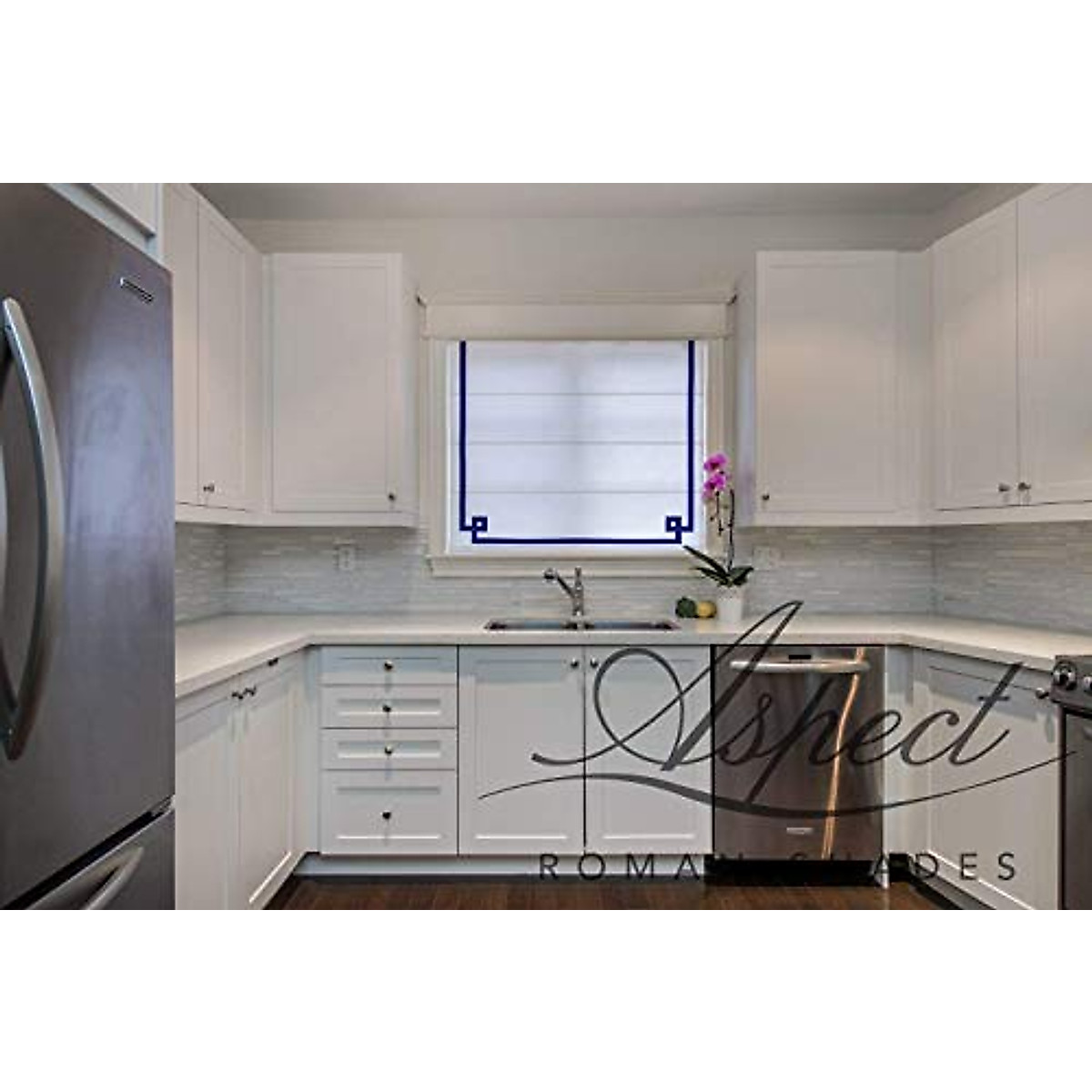 LOGANOVA Custom Flat Roman Shade with white background and navy blue Greek key border. Premium lining and chain mechanism.