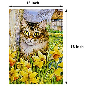LAYOER Burlap Home Garden Flag 12.5 x 18 inch Double Sided Lovely Cat Kitten Yellow Flower Spring Summer Farmyard Outdoor Decoration Small Banner