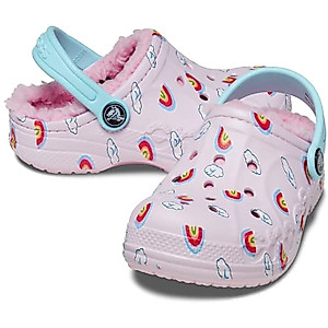 Crocs Baya Lined Clogs, Fuzzy Slippers for Kids and Toddlers, Rainbows and Clouds, 6 US Unisex
