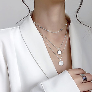 FLYOW Multi Layered Choker Necklace S925 Sterling Silver Coin Beaded Hammered Disc Long Chain Dainty Pendant Necklace for Women