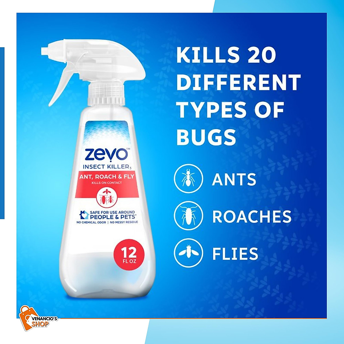 Zevo Instant Action Multi-Insect gets Ride Ants, roaches and More, Indoor Outdoor Use, Bio-Selective Pet + (1) Card Protector Venancio’sSticker & Sticky Fruit Trap (Zevo 12oz - Pack of 2)