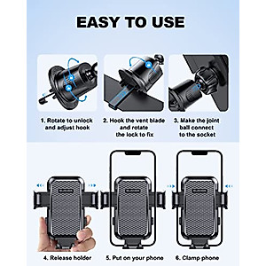 Car Phone Mount Vent Clip, Car Phone Holder Mount 360° Rotation, Adjustable Clip, Big Phone & Thick Case Friendly, Compatibility Fit for All 4"-7" Smartphone, Cell Phone Automobile Cradles Universal