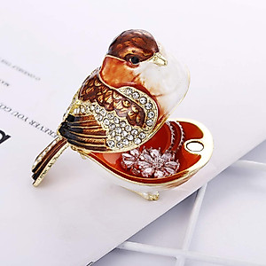 Hand Painted Trinket Box Decoration, Enameled Mini Metal Hinged Jewelry Box with Crystals, Rings Earrings Necklace Storage, Home Decor Crafts, Unique Animal Figurine Collectible Gift (Bird)