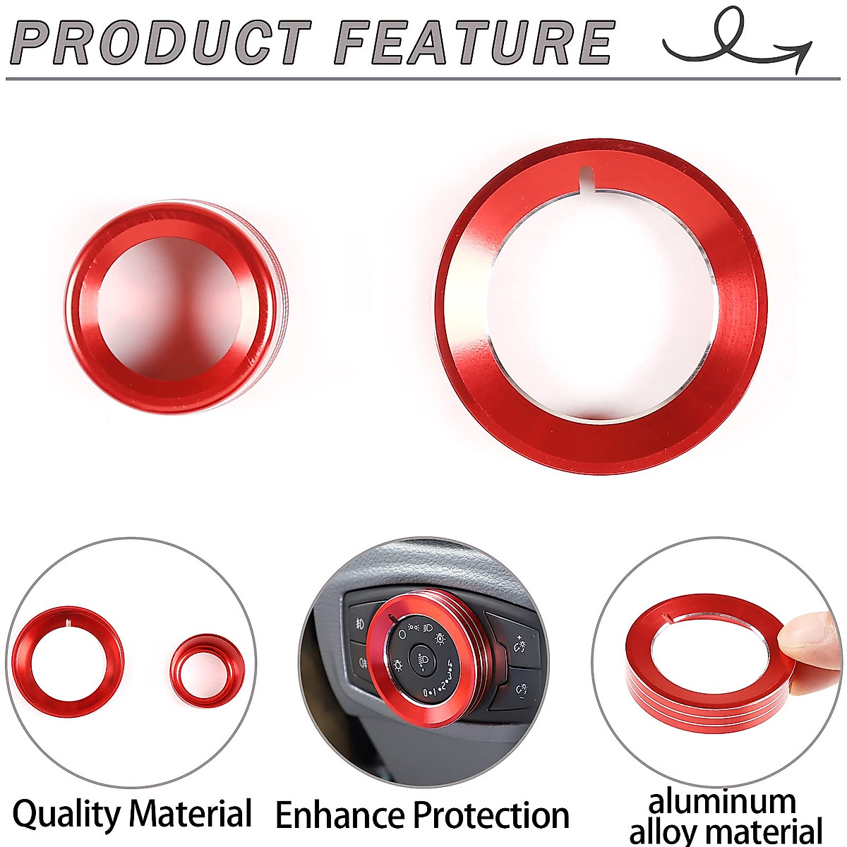 Lcojicep Car Headlight Switch/4WD Knob Ring Ring Cover Trim Compatible with Ford Ranger 2015-2021 Aluminum Alloy Central Control Switch knob Ring Cover Decoration (red)