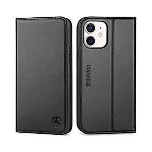 SHIELDON Case for iPhone 12/12 Pro 5G, Genuine Leather Wallet Case Magnetic RFID Blocking Credit Card Holder Kickstand Shockproof Case Compatible with iPhone 12/12 Pro (6.1 Inch 2020) - Black