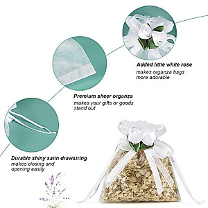 HRX Package White Rose Organza Bags 50pcs, 4 x 4.7 inch Small Mesh Drawstring Gift Bags Jewelry Pouches for Wedding Favor Christmas Candy