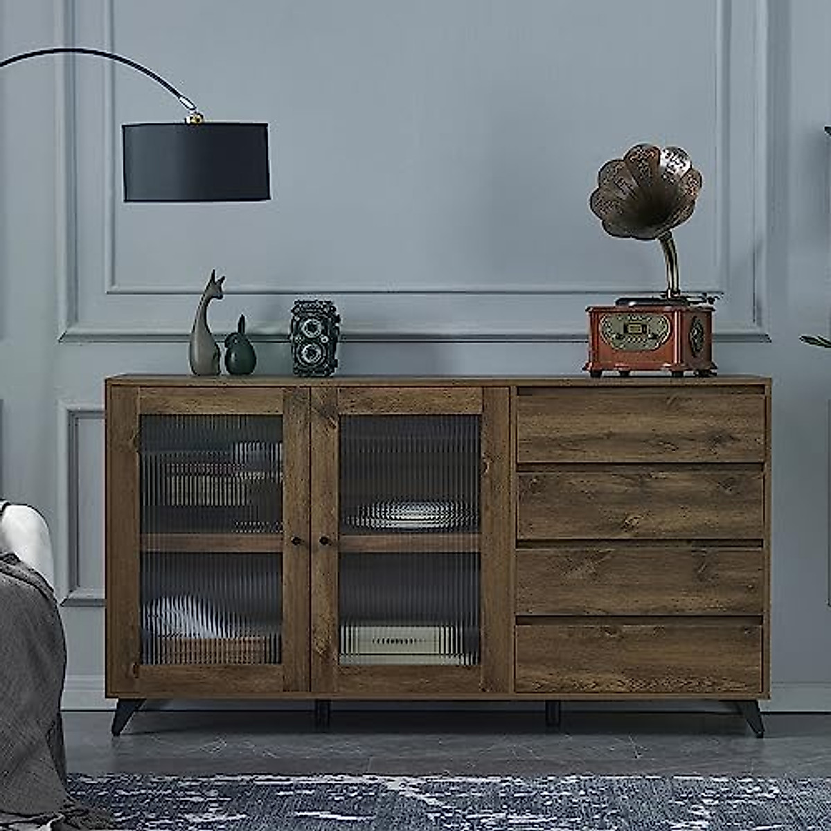 worldchoice Sideboard Buffet Cabinet 63" Wine Bar Cabinet with 4 Drawers & 2 Tempered Glass Doors Coffee Bar Cabinet Console Cabinet with Adjustable Shelf for Living Room Dining Room Kitchen, Brown