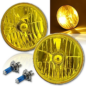 Octane Lighting 7 Inch H6024/6014 Yellow Amber Crystal Glass Headlight H4 Halogen Fog Light Pair