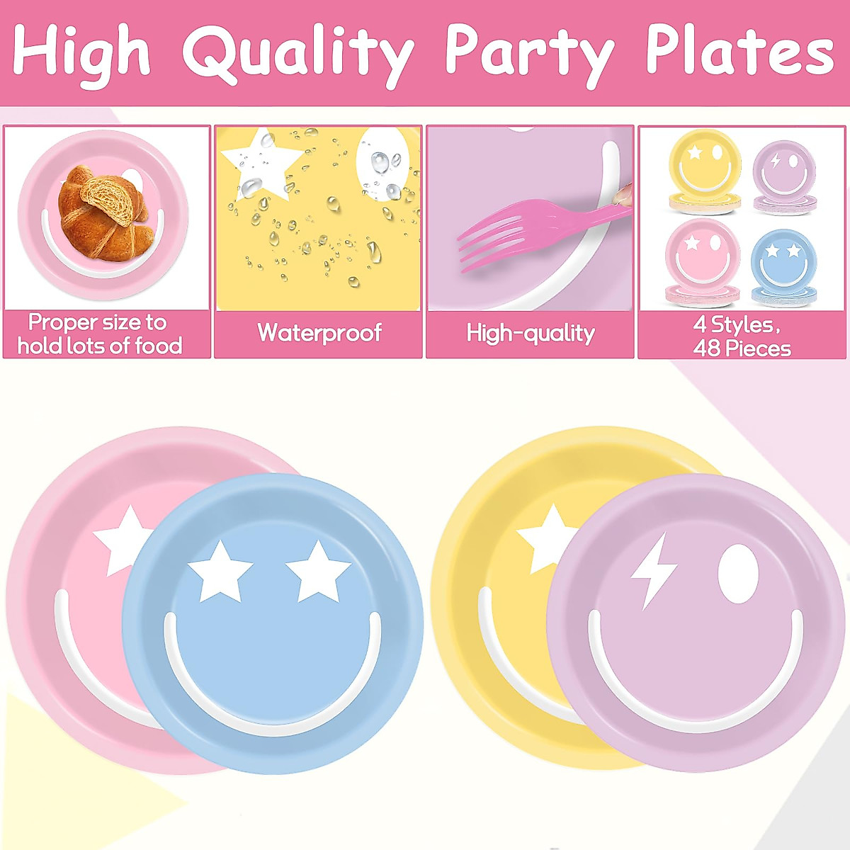 Justforjoyful 96Pcs Pastel Smile Face Party Decorations Paper Plates Napkin Preppy Smile Face Party Tableware Set Smile Face Dinnerware Supplies for Birthday Bachelorette Baby Shower Decor Serve 24