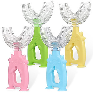 Qinerle 4 PCS U-Shaped Toothbrush Kids, Toddler Toothbrush with Food Grade Soft Silicone Brush Head, Manual Training Tooth Brush, 360° Oral Teeth Cleaning Design for Kids Age 6-12