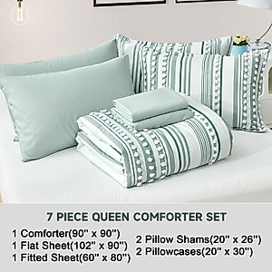 Boho Comforter Set Queen Size Green and White Tufted Ball Striped Design, Shabby Chic Farmhouse Comforter and Sheet Set, 7 Piece Bed in a Bag Pom Pom Complete Bedding Set (90''x90'')