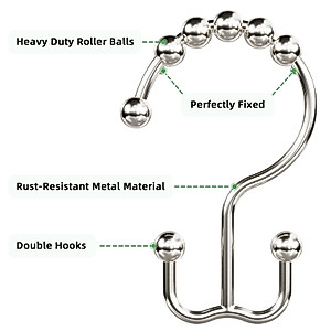 Amazer Shower Curtain Rings, Rust-Resistant Metal Double Shower Hooks for Curtain Rolling Shower Curtain Hooks Rings Shower Rings for Bathroom Shower Curtain Rod , Nickel, Set of 12 Rings
