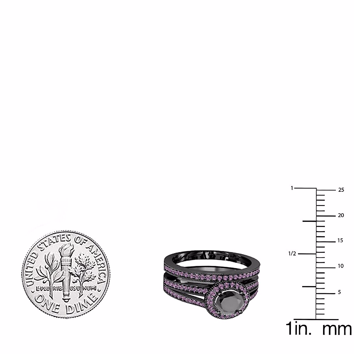 Dazzlingrock Collection Black Rhodium Plated 10K Round Amethyst & Black Diamond Halo Wedding Ring Set in 10K White Gold, Size 7