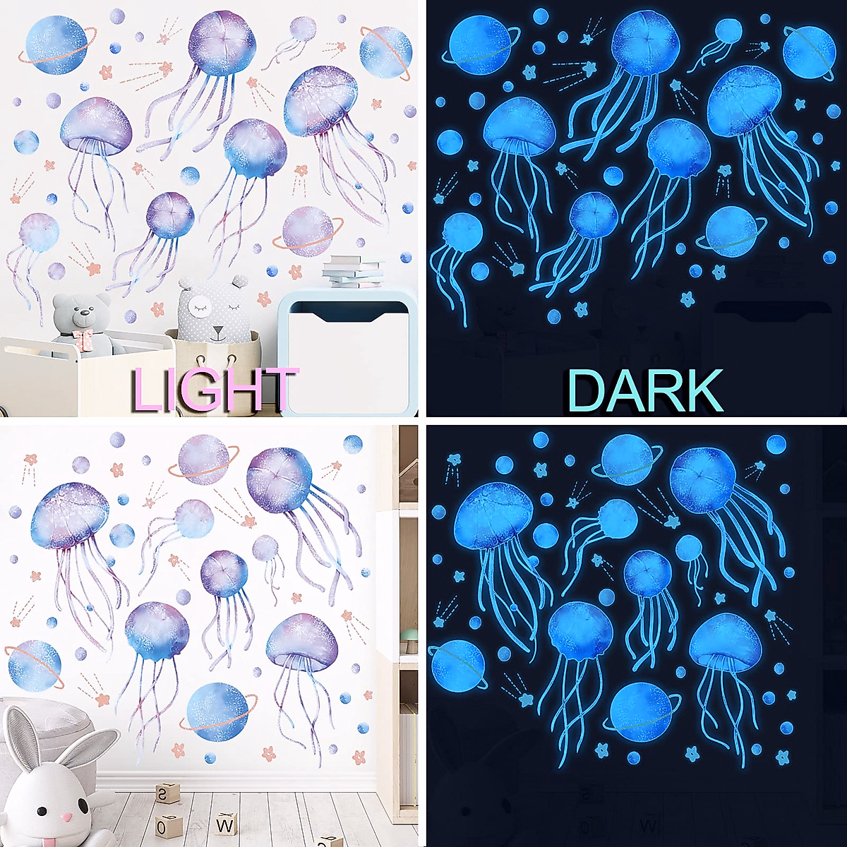 4 Sheets Starry Sky Jellyfish Wall Sticker Glow in The Dark Wall Stickers Planet Blue Luminous Wall Decals DIY Peel Stick Art Decor for Walls Ceiling Kids Bedroom Living Room Nursery Girls and Boys (Blue)