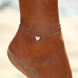 Turandoss Silver Initial Anklet Bracelet for Women, Layered Ankle Bracelet Summer Boho Beach Minimalist Initial Silver Anklet for Women Anklet with Initials A