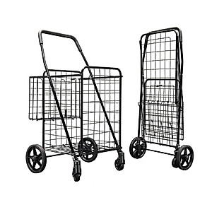 MOD Complete Folding Shopping Cart with 360-Degree Swivel Wheels (Black, Double Basket)