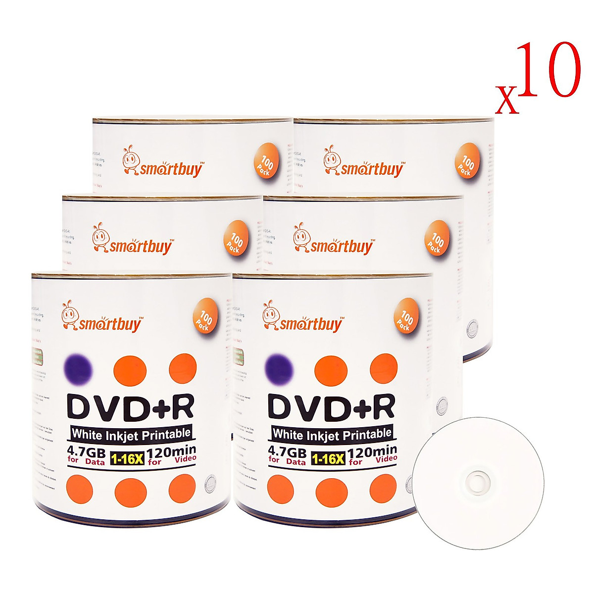 Smartbuy 6000-disc 4.7gb/120min 16x DVD+R White Inkjet Hub Printable Blank Data Recordable Media Disc