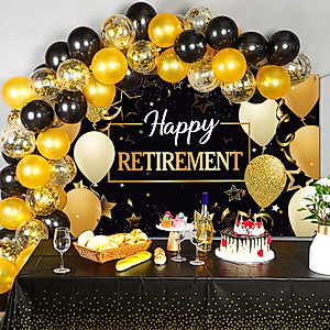 Retirement Party Decorations Supplies Banner Balloons Fabric Retirement Sign Banner and 50piece Balloon Photo Booth Backdrop Set for Women and Men 72.8x 43.3 Inch Gold Black