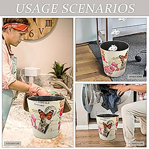 Zerodeko Small Waste Basket Leather Trash Can Wastebasket Waste Paper Bin Vintage Butterfly Flower Pattern Waste Bucket Garbage Can for Home Office Studio Bathroom Bedroom 10L Waste Paper Basket