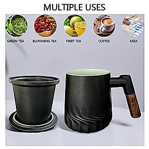 Shimkong Handle Tea Mug, Chinese Ceramic Tea Cup with Infuser and Lid, 13.5oz (Black)