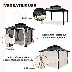 EAGLE PEAK 10x12 Outdoor Steel Frame Hardtop Gazebo Pavilion with Double Roof for Garden, Patio, Lawn and Party, Mosquito Mesh Netting and Light Beige Privacy Curtains Included, Black