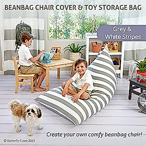 Butterfly Craze Bean Bag Chair Cover, Functional Toddler Toy Organizer, Fill with Stuffed Animals to Create a Jumbo, Comfy Floor Lounger for Boys or Girls, Stuffing Not Included, Grey Stripe