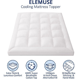 ELEMUSE 1300 GSM Overfilled Mattress Topper King with Baffle Box Design,Extra Thick Cooling King Pillow Top Pad, 400TC Organic Cotton Cover, Plush & Support Snow Down Alternative, White