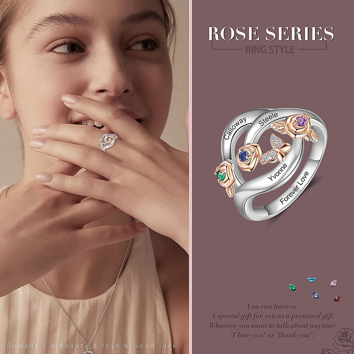 LanM Mothers Day Gifts Mothers Rings with 3 Birthstones Rose Ring Personalized Sterling Silver Custom Mom Ring with Name Gift for Wife Grandmother Family