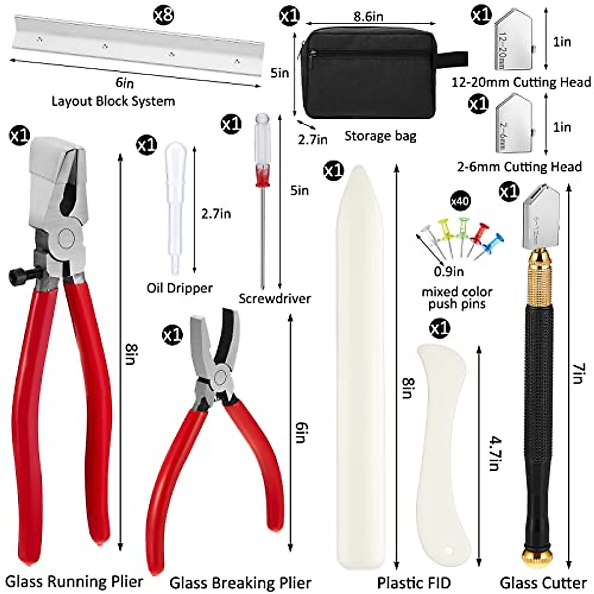 58 Pcs Stained Glass Supplies Glass Cutter Kit Including 8 Pcs Layout Block System 2 Pcs Class Running Breaking and Heavy Duty Glass Cutting Tool 2 Pcs Storage Bag for Stained Glass Cutting Supplies