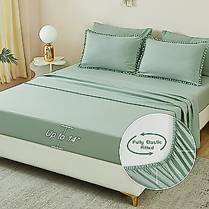 Litanika Queen Comforter Set Sage Green, Bed in a Bag 7 Pieces Pom Pom Fringe Comforter, Aesthetic Boho Bedding Set with Comforter, Sheet, Pillowcases & Shams