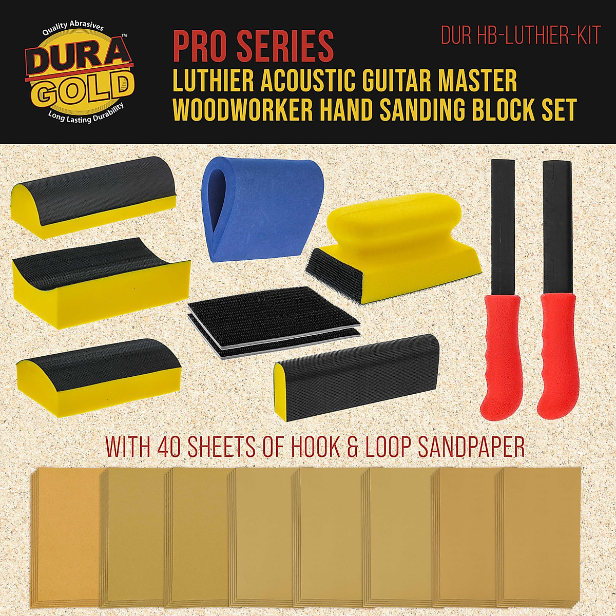 Dura-Gold 20-Piece Contoured Profile 5" Hand Sanding Block Set with 40 Sheet Hook & Loop Sandpaper Kit - Interchangeable Assorted Convex & Concave Shapes - Sand Wood Woodworking Furniture, Auto Paint