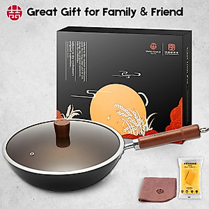 WANGYUANJI Carbon Steel Wok Pan, 12" Woks and Stir Fry Pans with Lid,No Chemical Coated Iron Wok for Induction, Electric, Gas, Halogen All Stoves-Practical Gift Iron Wok