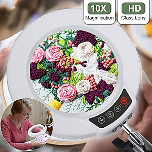 Krstlv 10X Magnifying Glass with Light and Stand, Upgrade Button 5 Color Modes Stepless Dimmable, 2-in-1 LED Lighted Magnifier Light, Hands Free Desk Lamp with Clamp for Craft Hobby Close Work - White