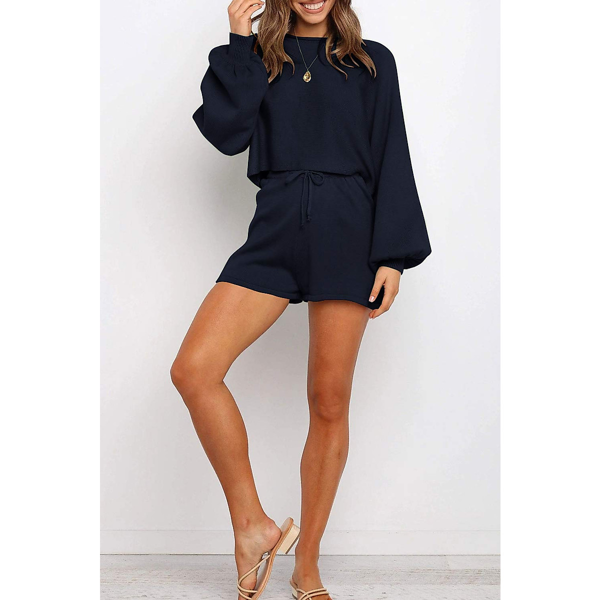 ZESICA Women's Casual Long Sleeve Solid Color Knit Pullover Sweatsuit 2 Piece Short Sweater Outfits Sets,Navy,Medium