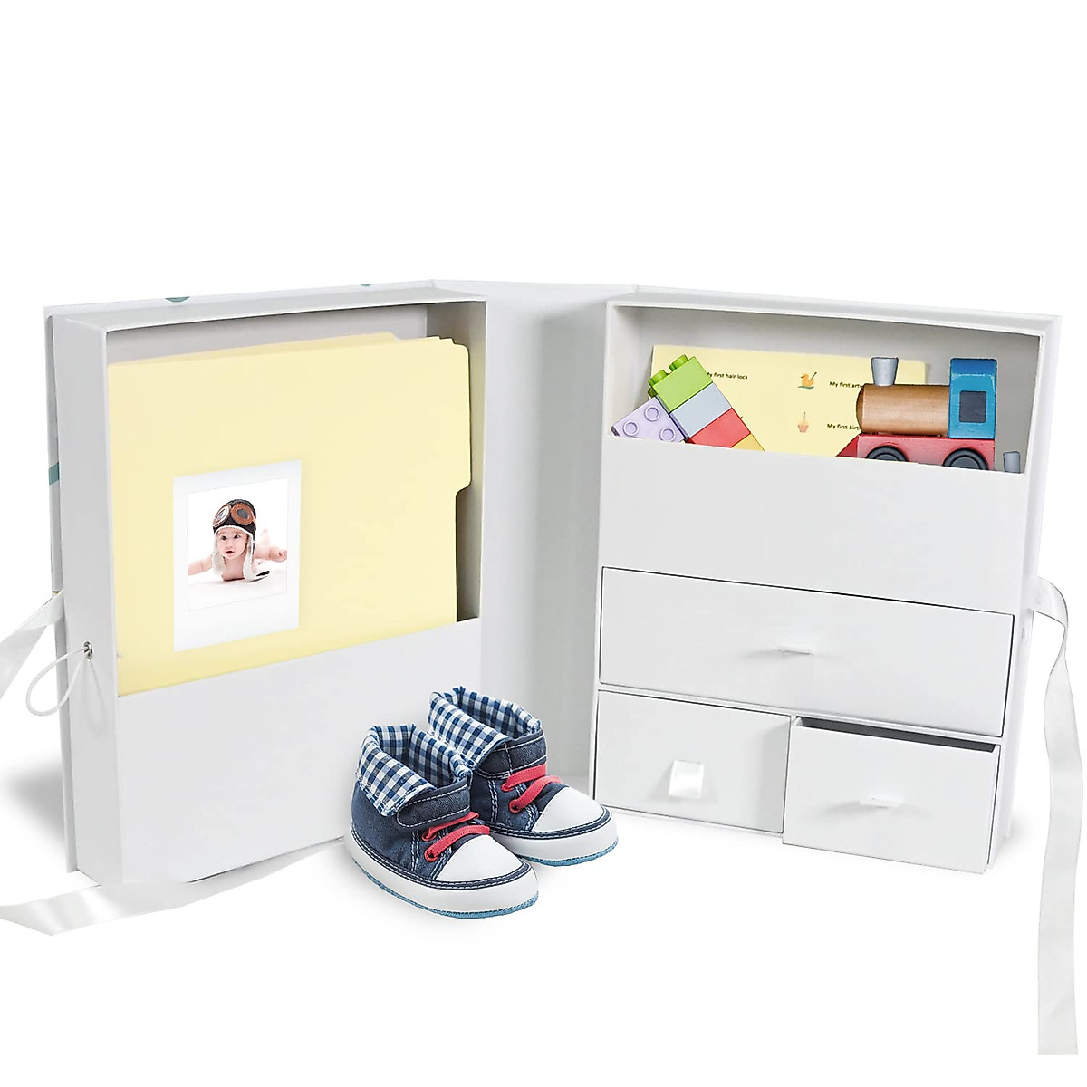 Baby Keepsake Box - Elegant Baby Box with Drawers, Paper File Storage, Cute Stickers, and Additional Compartments, Memory Box for Keepsakes