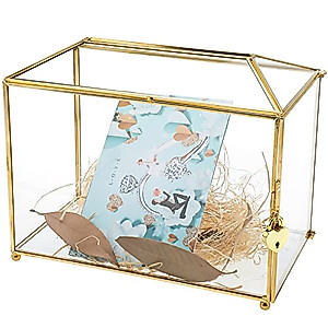 HighFree 10.2" Glass Wedding Card Box with Slot & Lock, Handmade Copper Gold Geometric Terrarium, Clear Display Box for Wedding Reception, Wishwell, Keepsake