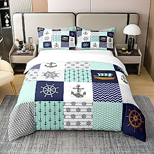 Feelyou Anchor Decor Bedding Set Twin Size Kids Ocean Nautical Voyage Comforter Cover Set for Boys Girls Sailboat Printed 100% Cotton Duvet Cover Marine Themed Bedspread Cover Room Decor Quilt Cover
