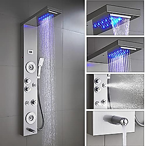 ELLO&ALLO Stainless Steel Shower Panel Tower System,LED Rainfall Waterfall Shower Head 6-Function Faucet Rain Massage System with Body Jets, Brushed Nickel