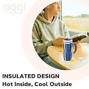 Oggi Multigrip Stainless Steel Thermal Travel Mug - Midnight Blue, 16oz, with slide open lid for hot and cold beverages.